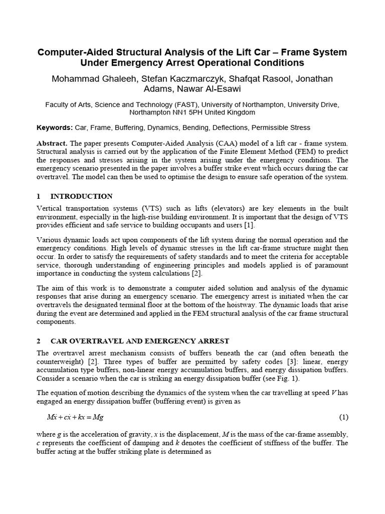 Computer-Aided Structural Analysis of The Lift Car - Frame System Under Emergency Arrest ...