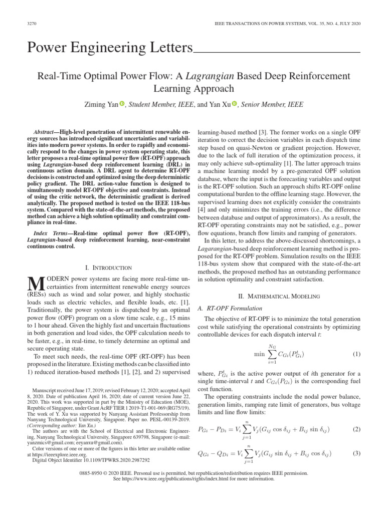 Real-Time Optimal Power Flow A Lagrangian Based Deep Reinforcement Learning Approach | PDF ...