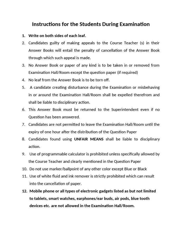 Exams Instructions For Students | PDF