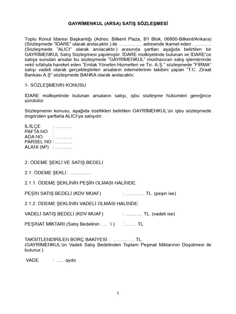 Gayrimenkul (Arsa) Satiş Sözleşmesi | PDF