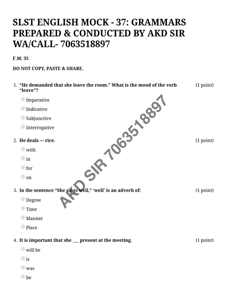 Mock 37 Questions Grammars | PDF | Verb | Adverb