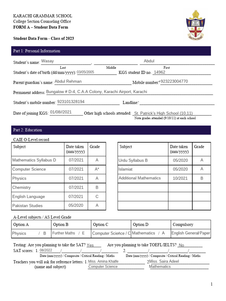 Form A - Student Data Form - 2023 | PDF | Artificial Intelligence ...