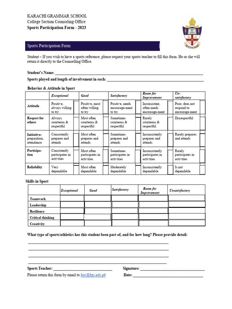 Sports Participation Form - 2023 | PDF | Cognition | Psychology