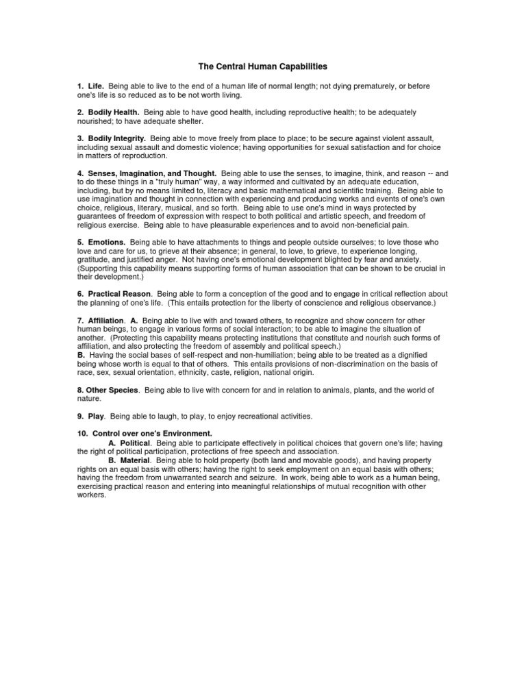 Central Human Capabilities Explained | PDF | Liberty | Imagination