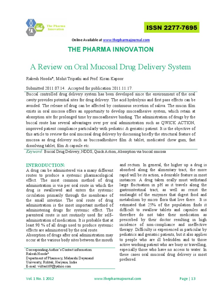 A Review On Oral Mucosal Drug Delivery System | PDF | Epithelium | Cell ...