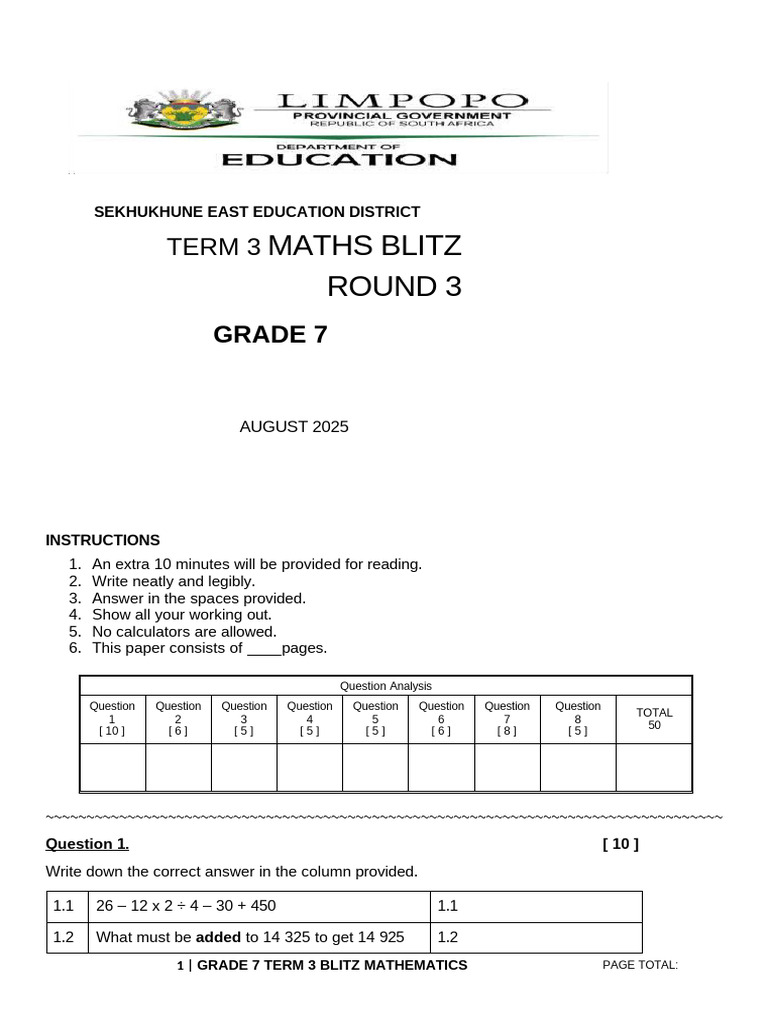 Grade 7 Term 3 Maths Blitz Paper | PDF | Discrete Mathematics ...