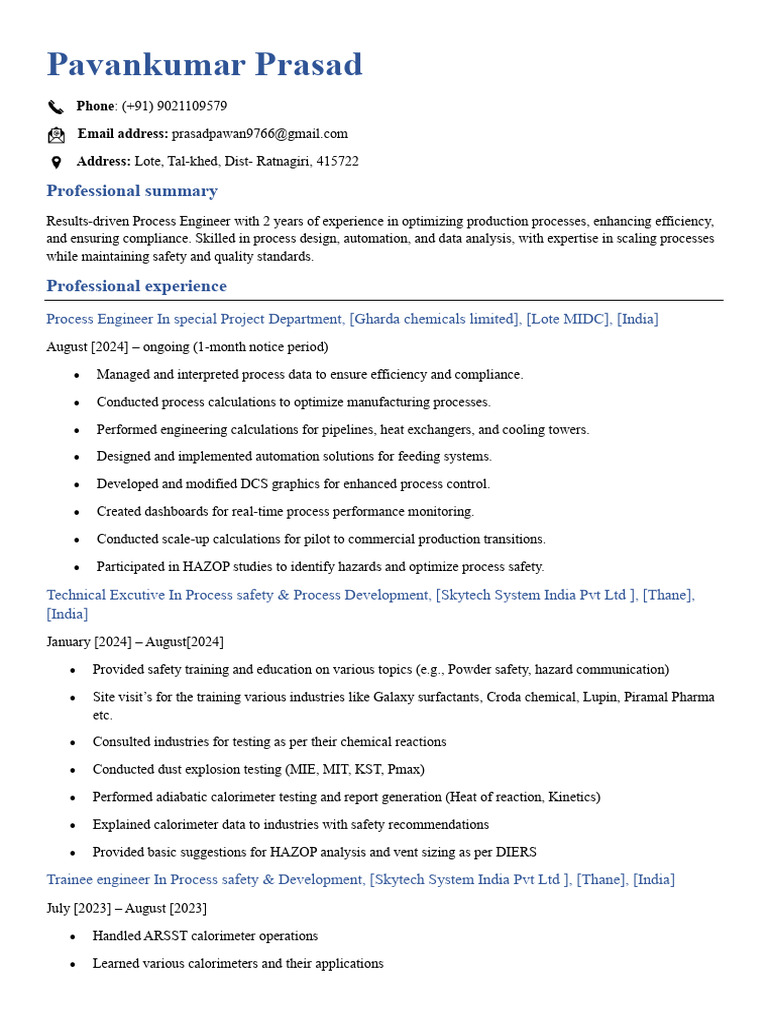Process Engineer Resume Overview | PDF