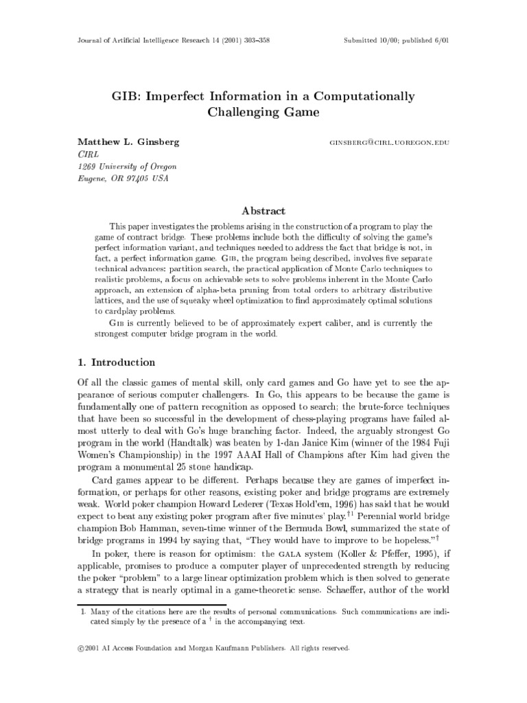 GIB - Imperfect Information in A Computationally Challenging Game | PDF