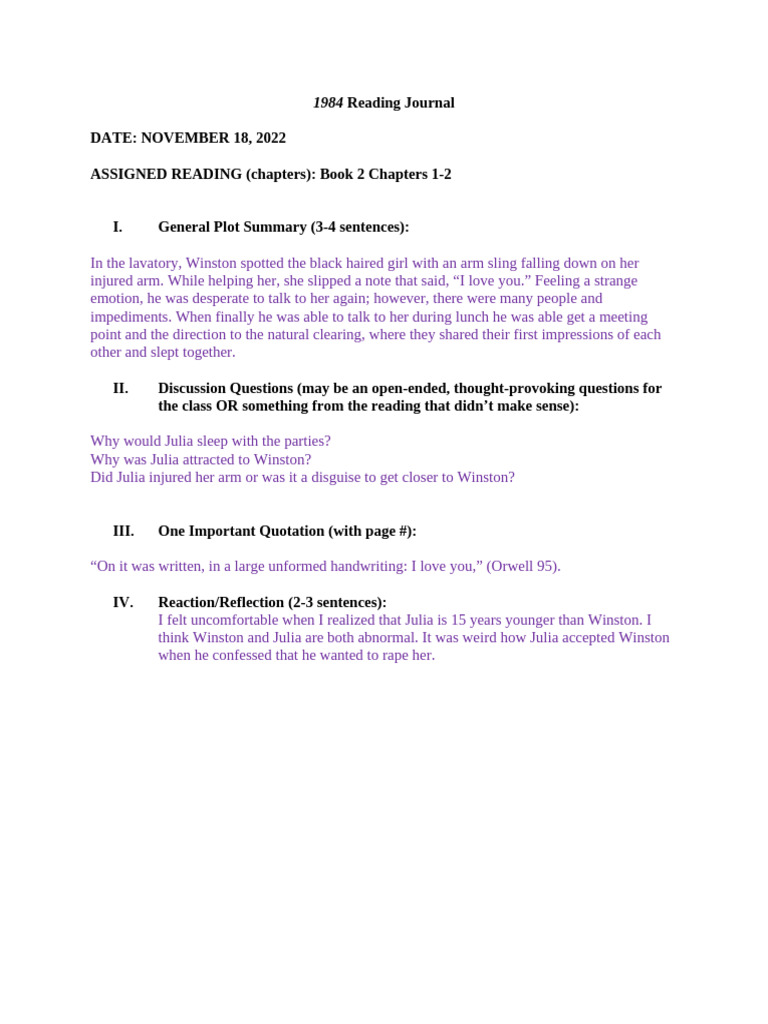 1984 Reading Journal Book 2 Chapters 1-2 | PDF