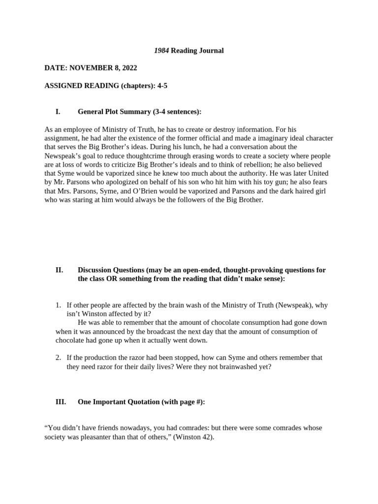 1984 Chapters 4-5 Reading Journal | PDF
