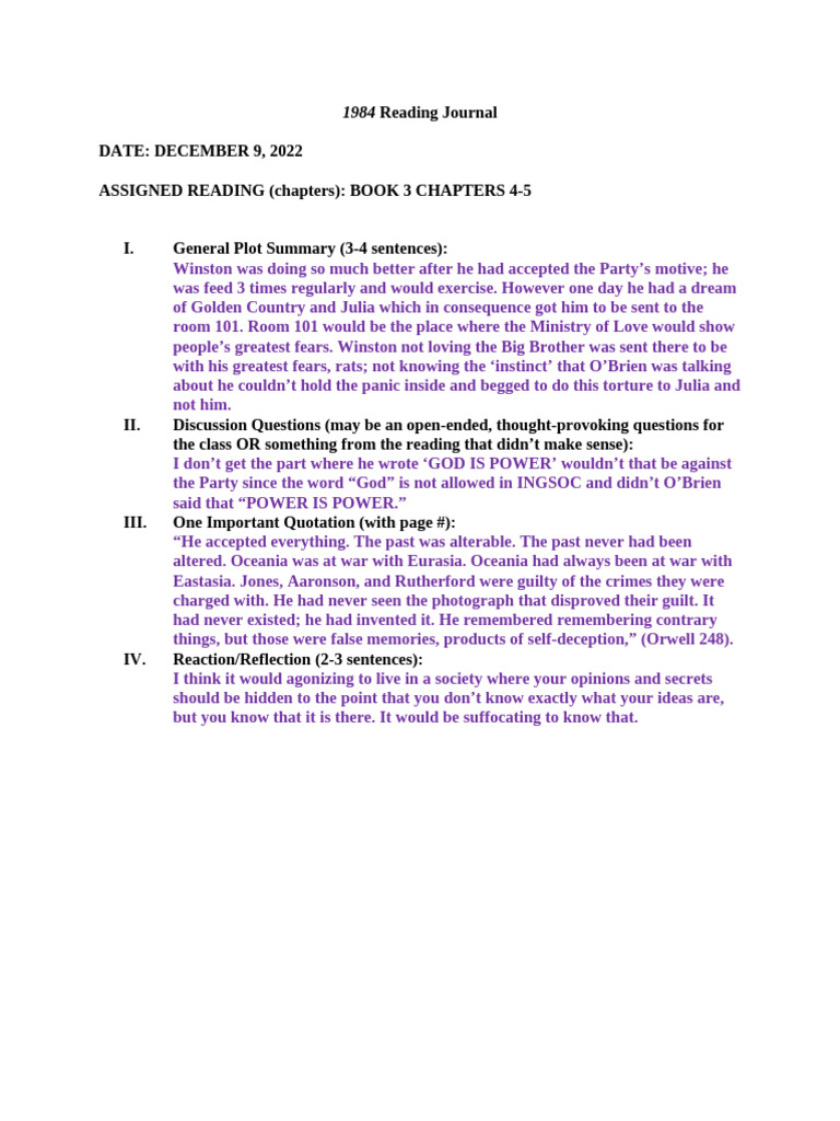 1984 Reading Journal Book 3 Chapters 4-5 | PDF