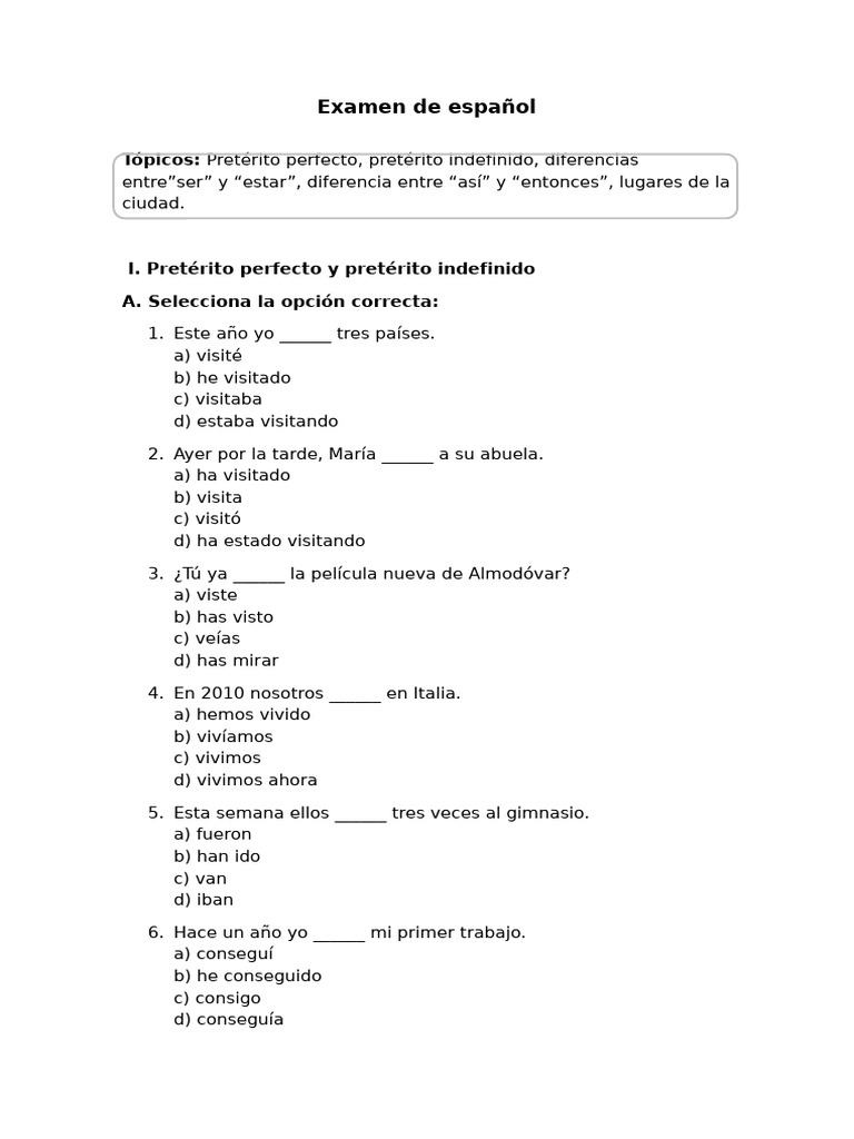 Examen de Español - Pretérico Perfecto e Indefinido, Diferencia Entre ...