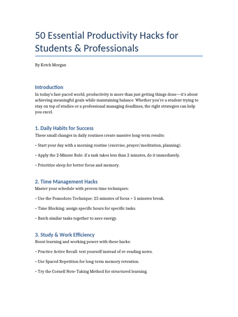 50 Essential Productivity Hacks For Students & Professionals 8 | PDF ...
