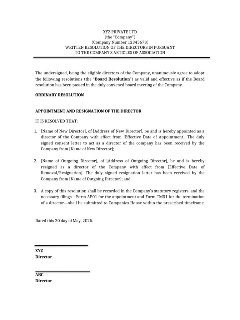 Director Appointment and Resignation Resolution | PDF