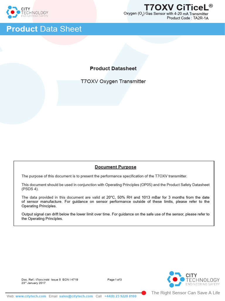 T7OXV Oxygen Sensor Data Sheet | PDF | Computer Engineering