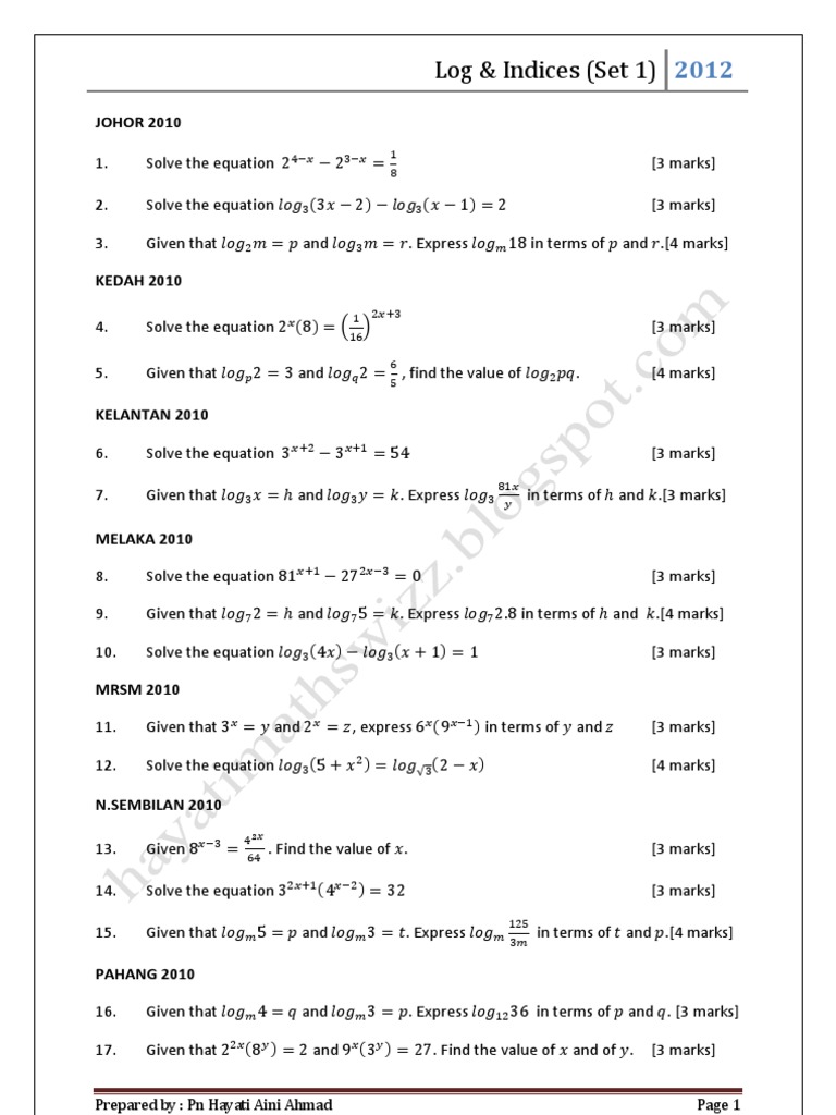 Log & Indices - Set1@2012 | PDF