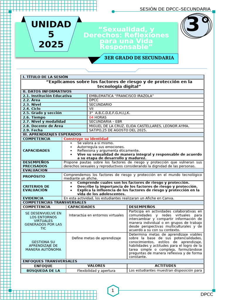 5 Sesion Sem 3 Uni 5 - DPCC 2025 - 3ºgrado | PDF | Aprendizaje | Evaluación