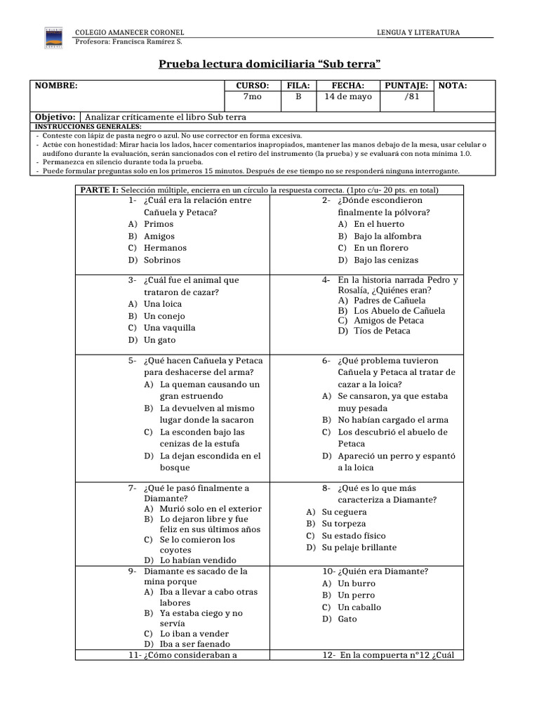 Prueba Lectura Domiciliaria Sub Terra FB | PDF