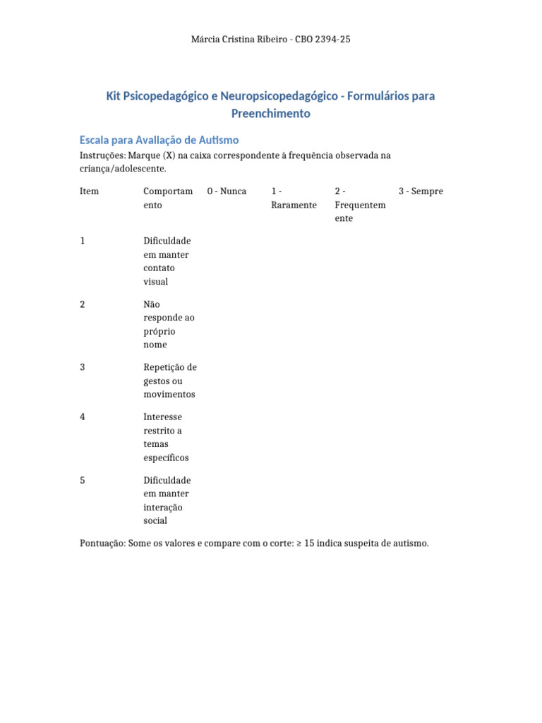 Kit Psicopedagogico Formularios Preenchiveis Marcia Ribeiro | PDF ...