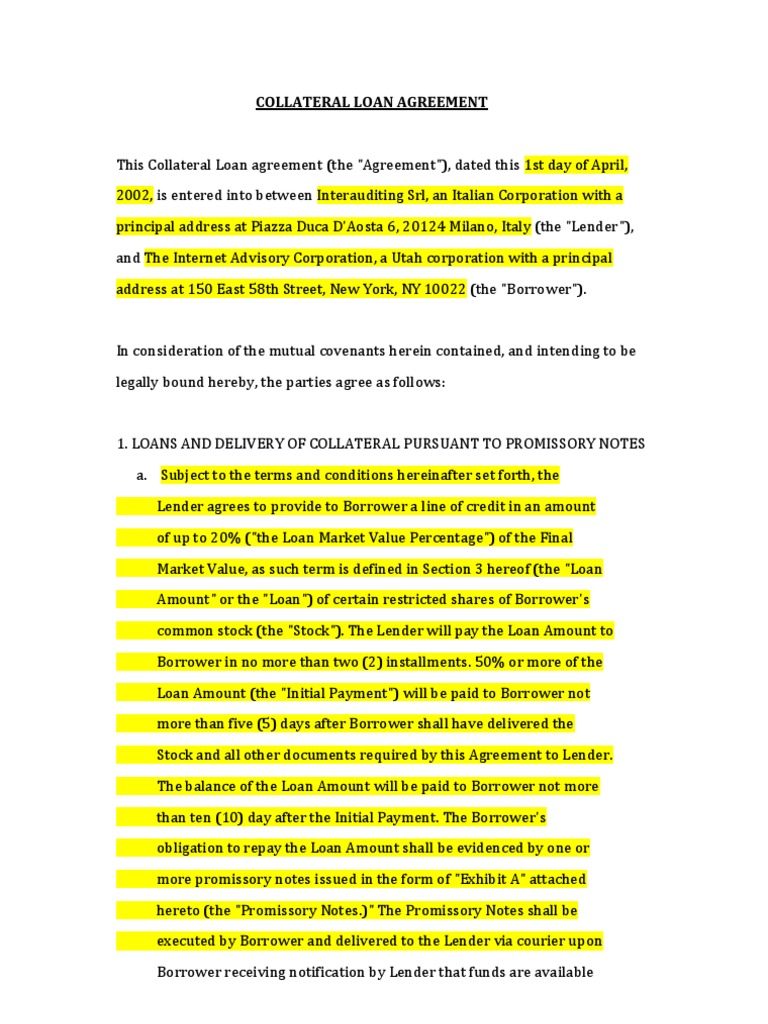 Collateral Loan Agreement | PDF | Loans | Promissory Note