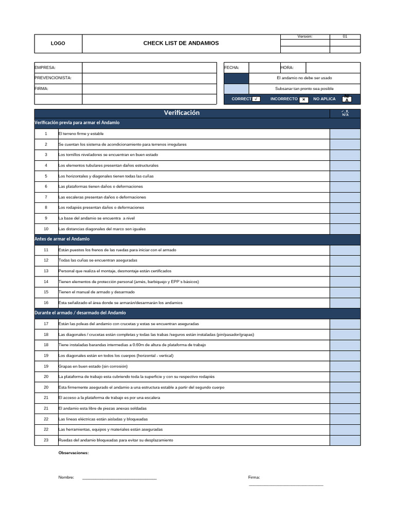 Checklist de Seguridad para Andamios | PDF | Andamio