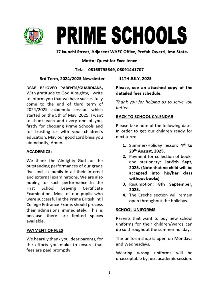 Prime Schools 2024/2025 Term 3 Newsletter | PDF