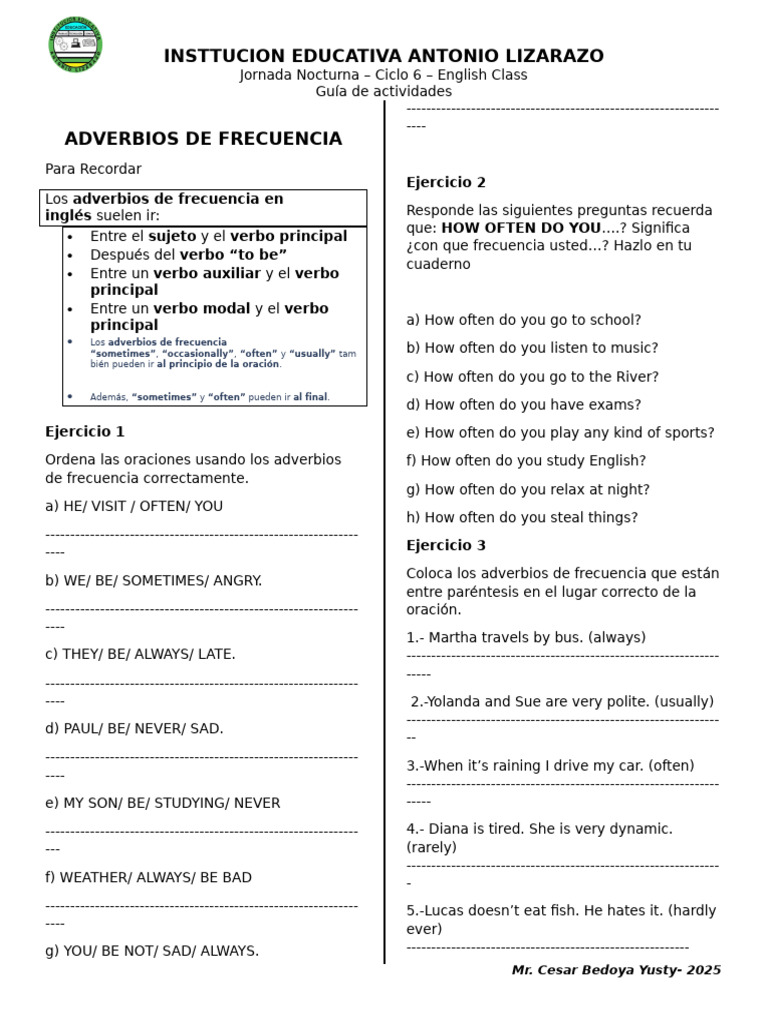 Guía de Adverbios de Frecuencia en Inglés | PDF | Plural | Sintaxis