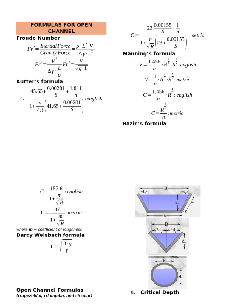 Formulas For Open Channel | PDF | Civil Engineering | Fluid Mechanics