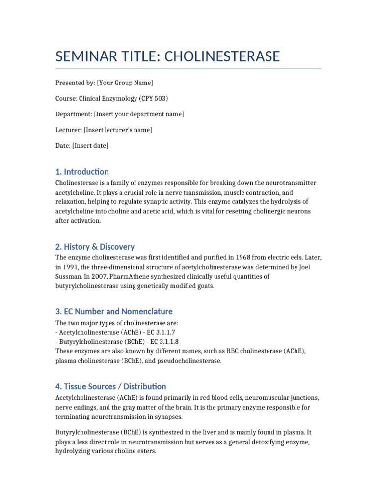 Cholinesterase: Functions and Clinical Significance | PDF ...