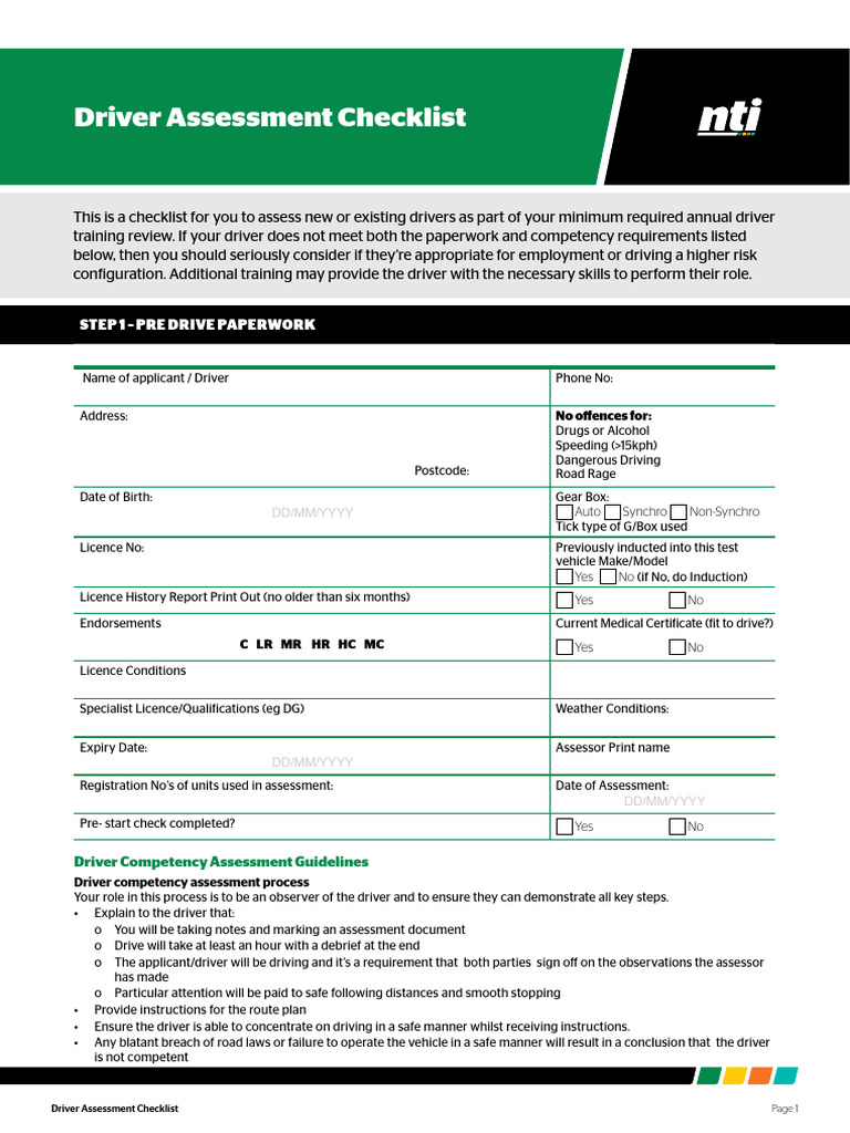 Driver Competency Assessment Checklist | PDF | Vehicles | Gear