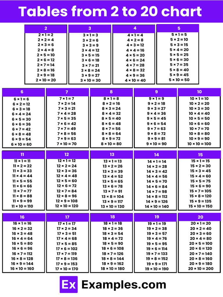 Tables From 2 To 20 Chart | PDF