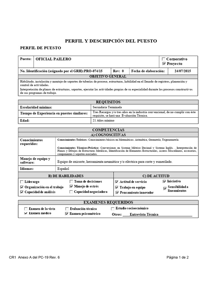 Perfil del Oficial Pailero | PDF