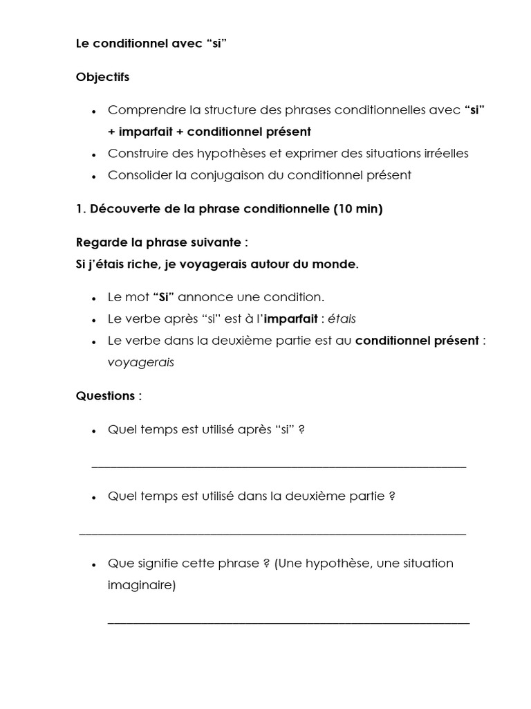 Phrases conditionnelles : Si + imparfait | PDF | Verbe | Grammaire