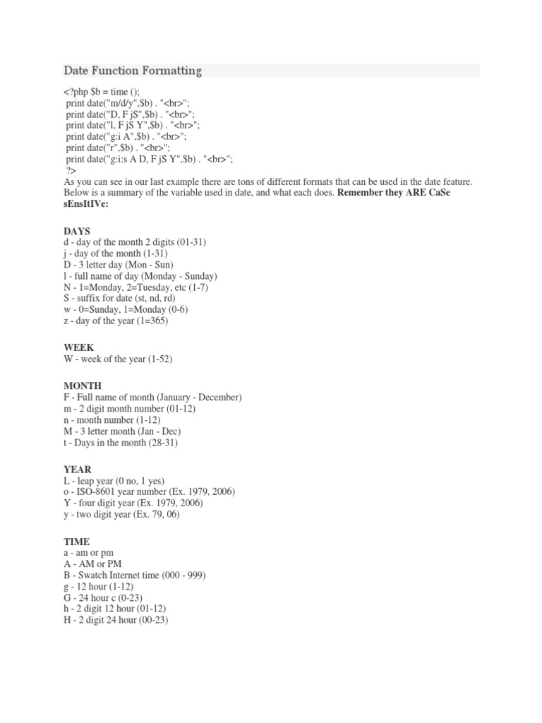 PHP Date Function Formatting Guide | PDF