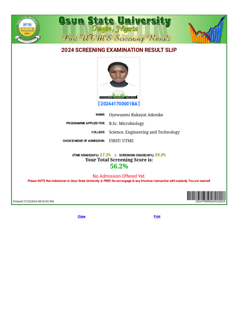 2024 Post Utme Screening Examination Result | PDF