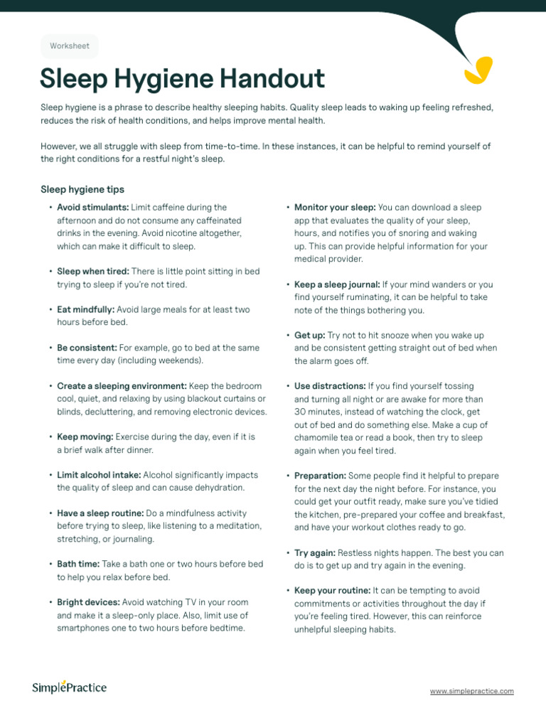 SimplePractice Sleep Hygiene Handout | PDF | Sleep | Determinants Of Health