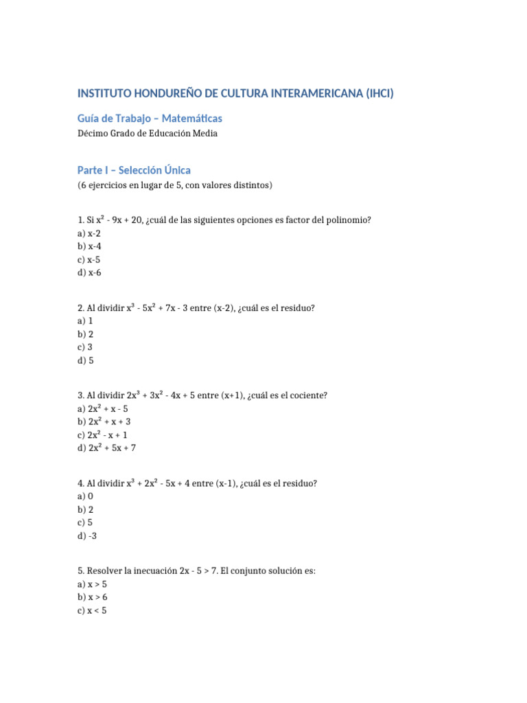 Guía de Matemáticas para Décimo Grado | PDF