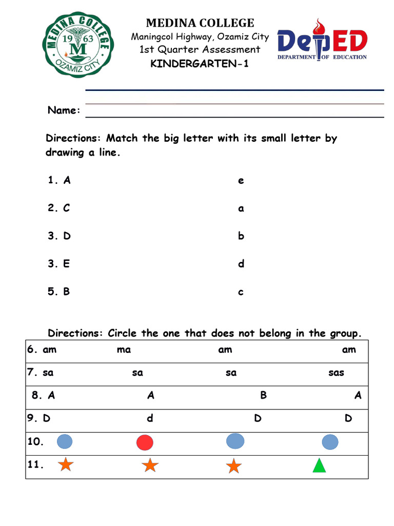 Kindergarten 1st Quarter Exam Guide | PDF