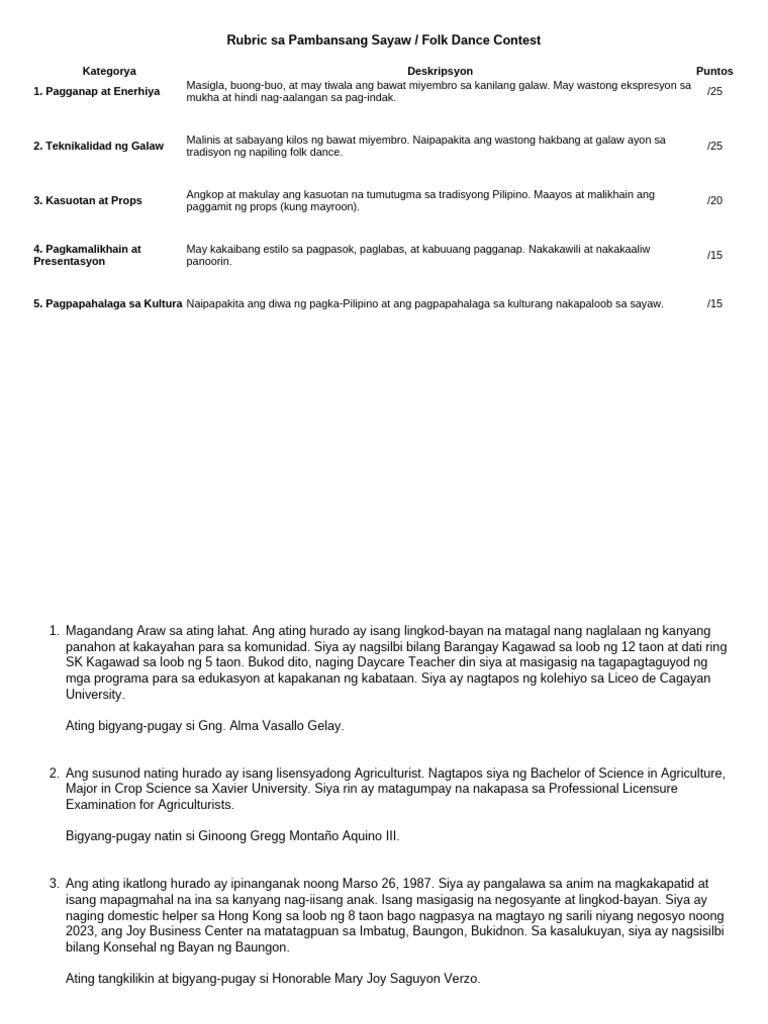 Rubric Sa Pambansang Sayaw | PDF