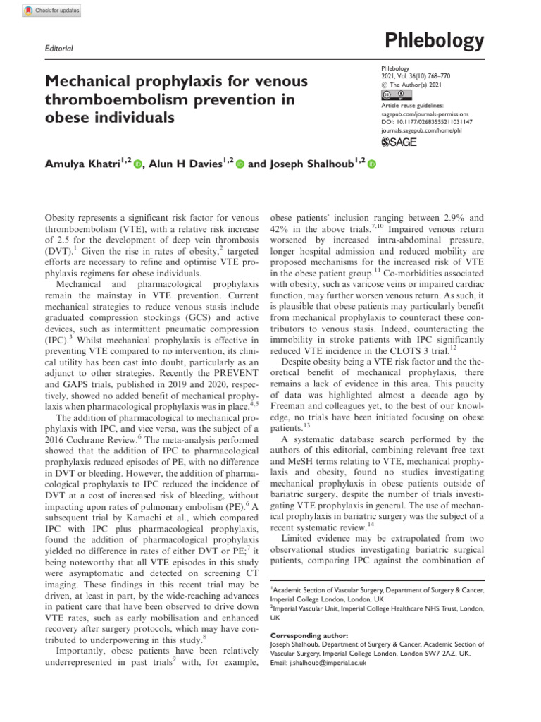 VTE Prevention in Obese Patients: Mechanical Prophylaxis | PDF ...