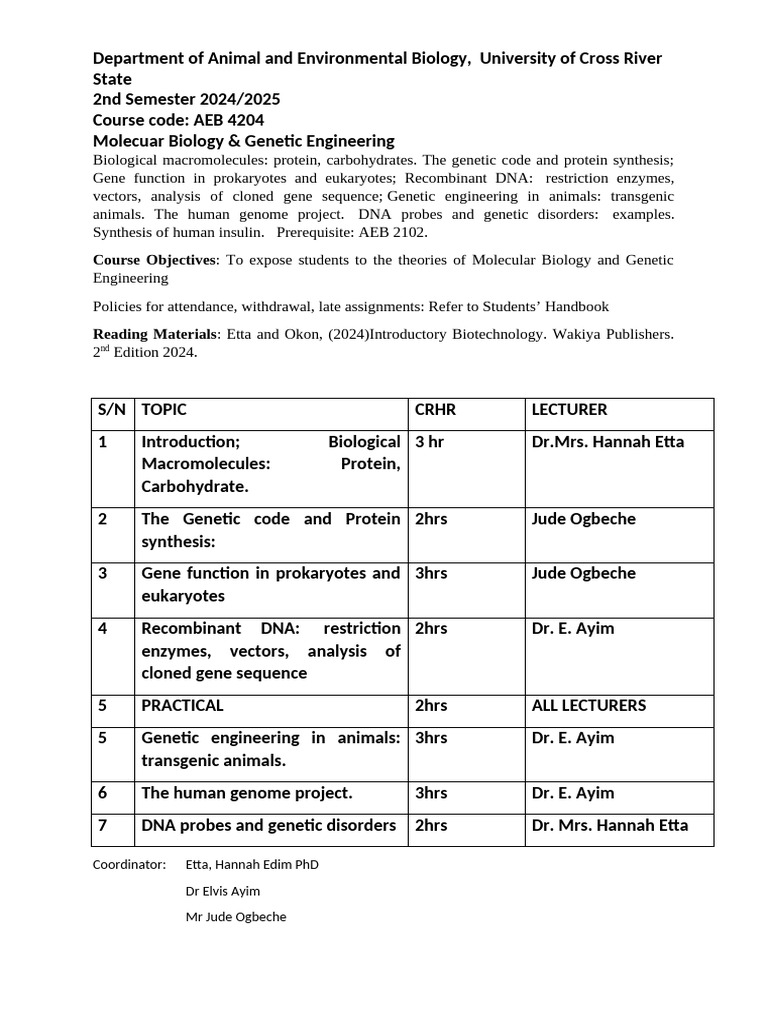 Molecular Biology and Genetic Engineering BIO 4204 | PDF | Dna ...