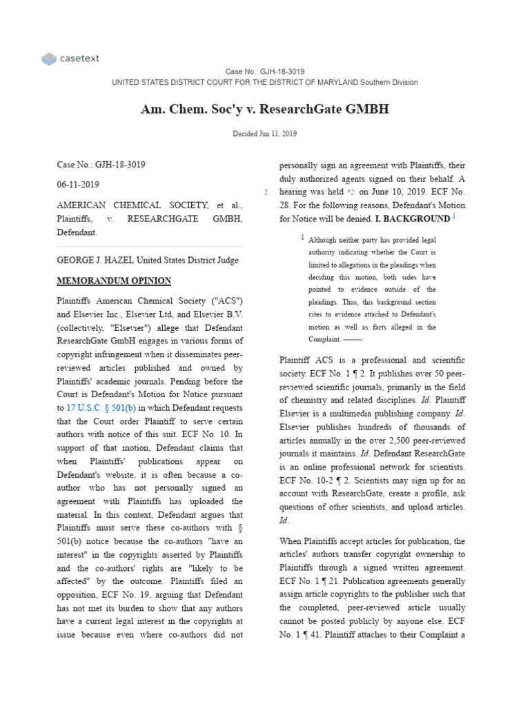 ResearchGate Copyright Infringement Case | PDF | Online Copyright ...