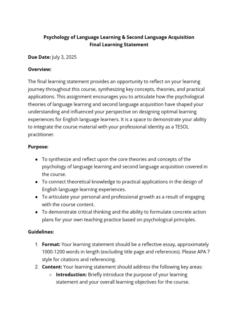 Final Learning Statement Guidelines - Psychology of Language Learning ...
