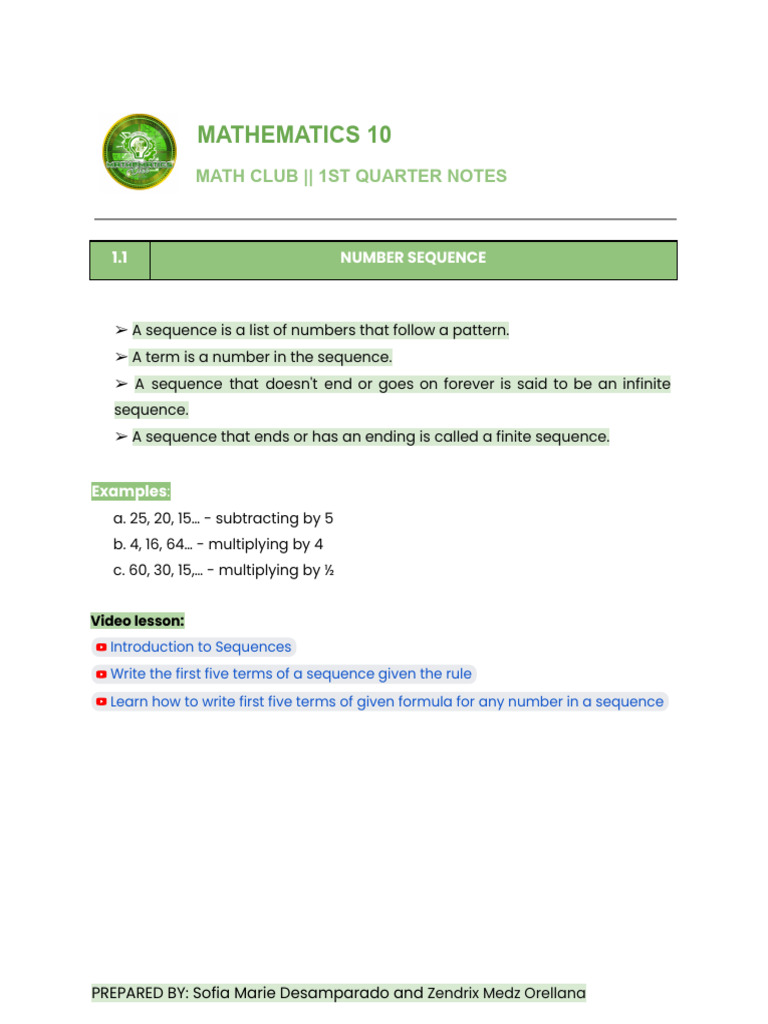 Mathematics 10: Sequences and Series Notes | PDF | Sequence | Numbers