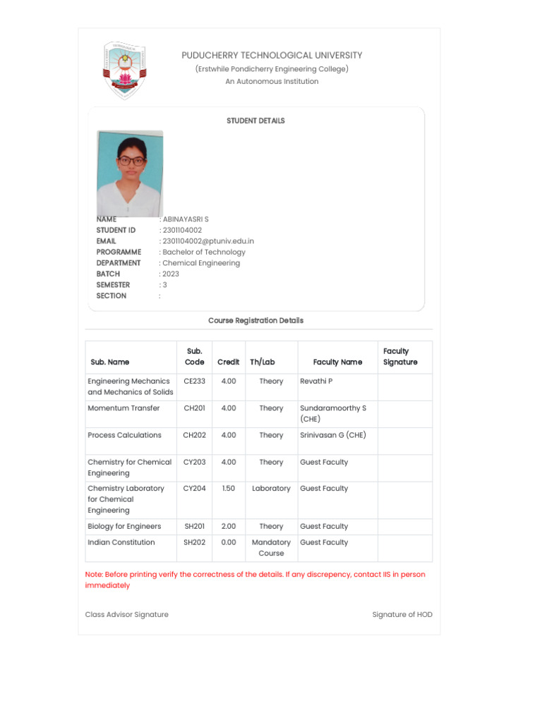 Puducherry Tech University Course Registration | PDF