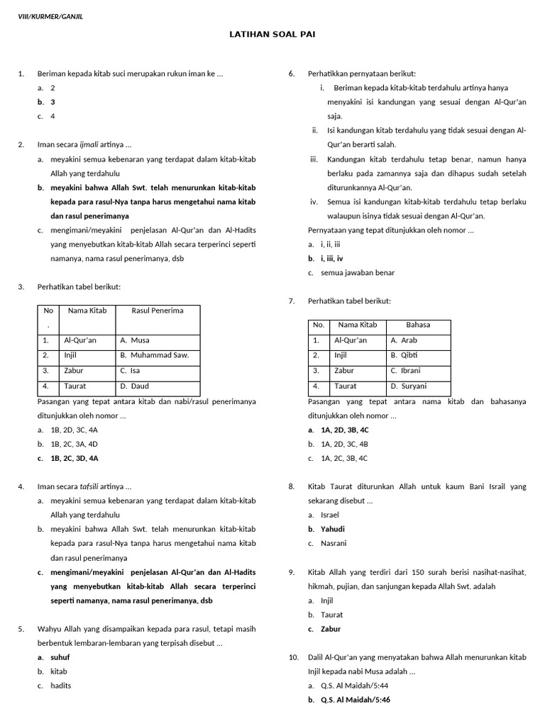 LATIHAN PAI SEMESTER GANJIL KLS 8 KURMER (1) | PDF