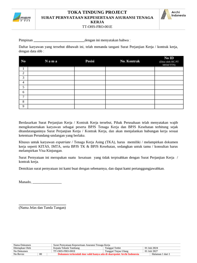 FORM Surat Pernyataan Kepesertaan Asuransi Tenaga Kerja | PDF