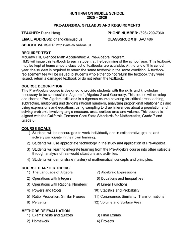 Pre Algebra Syllabus 2025 2026 | PDF | Mathematics | Algebra