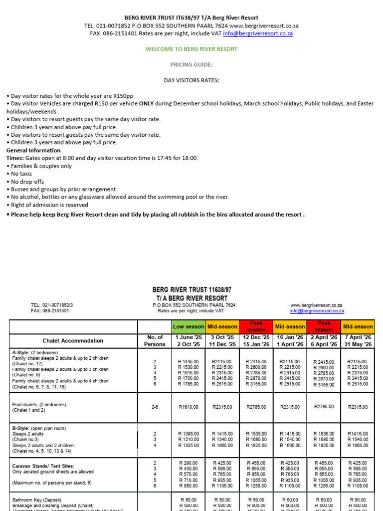 Berg River Resort Pricelist 2025 2026 | PDF