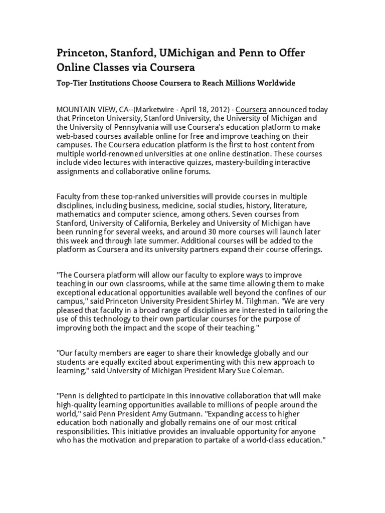 Coursera Partners Press Release | PDF | University Of Pennsylvania ...
